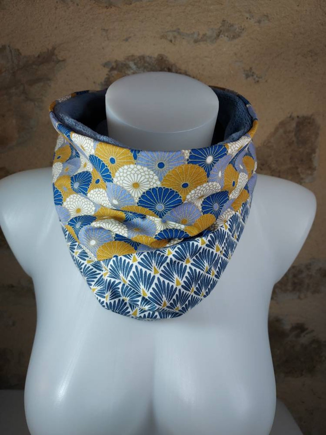 Snood Two-tone Neck Warmer Japanese Print and Sky Blue Yellow - Etsy