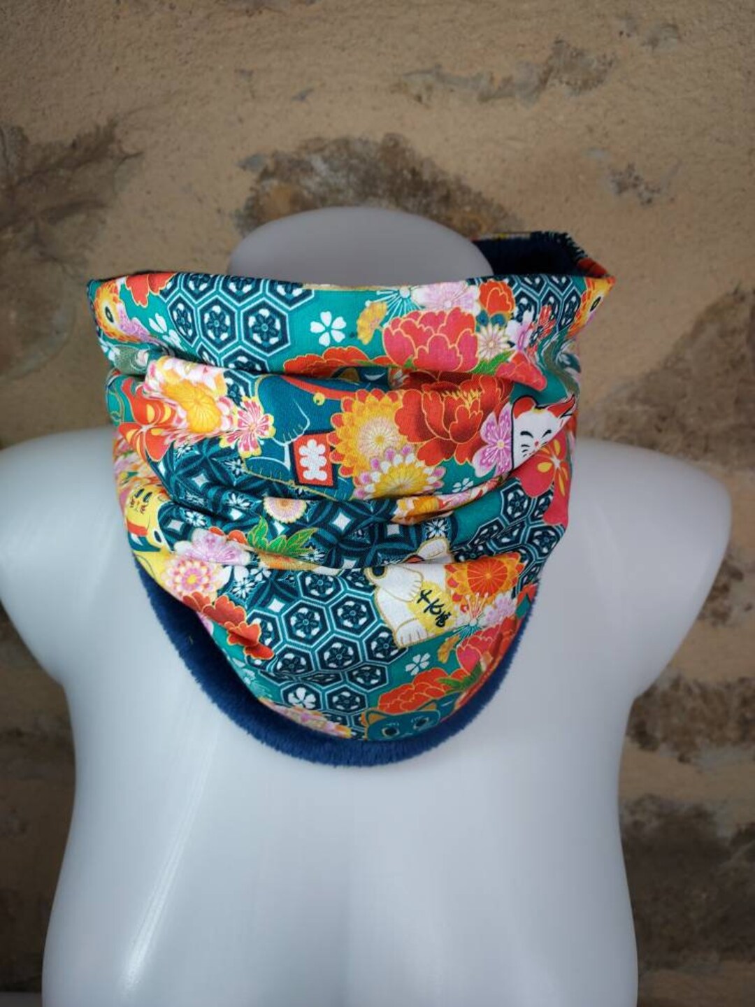 Snood With Cat and Japanese Flower Print in Duck Blue, Pink, Yellow ...