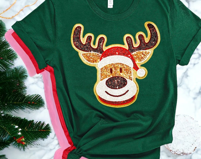 Reindeer - Iron on Patch- Sequin Holiday Sweatshirt - Fuzzy Chenille Patch Glitter Christmas ...