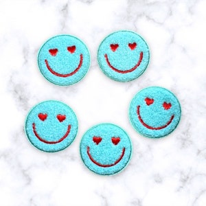 Smiley Face Patch- Iron Chenille Smile Face Heart Eye DIY Patch With Gold Glitter Trim- Varsity ...