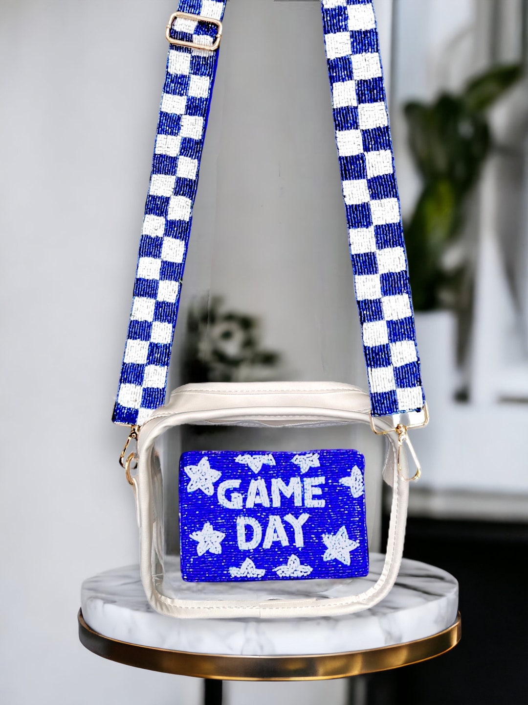 Blue & White Classic Checkered Adjustable Beaded Strap Perfect for ...