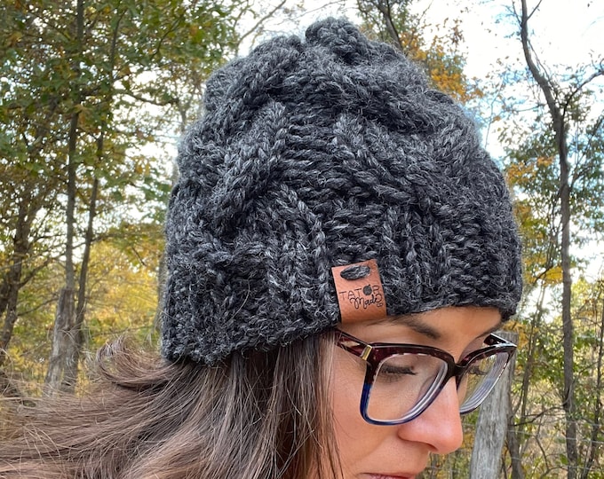 Gray Cable Knit Beanie, Dark Grey Beanie, Winter Hat, Toque, Toboggan ...