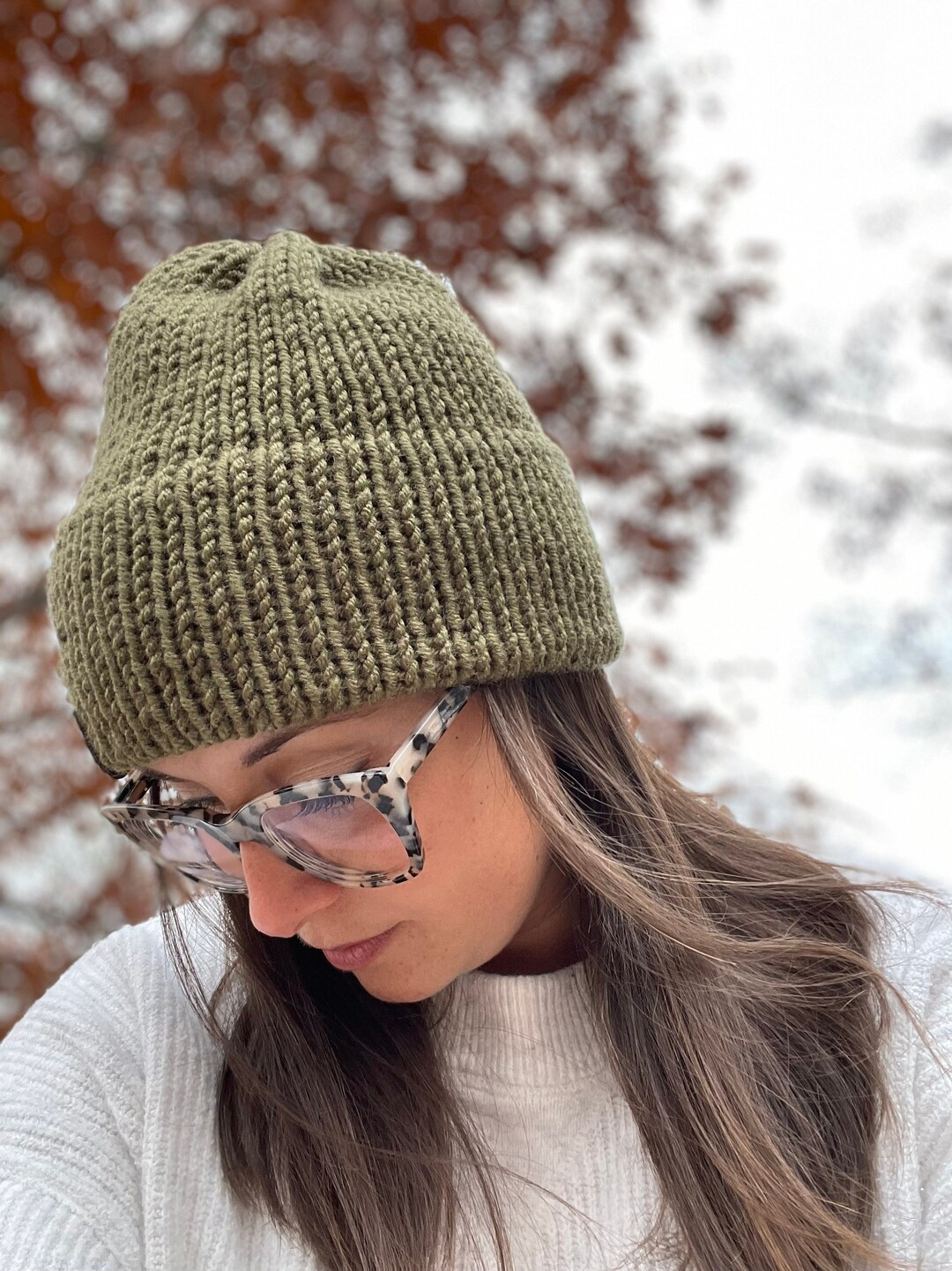 Olive Green Double Brim Knit Beanie, Plain Fitted Women's Toque, Double ...
