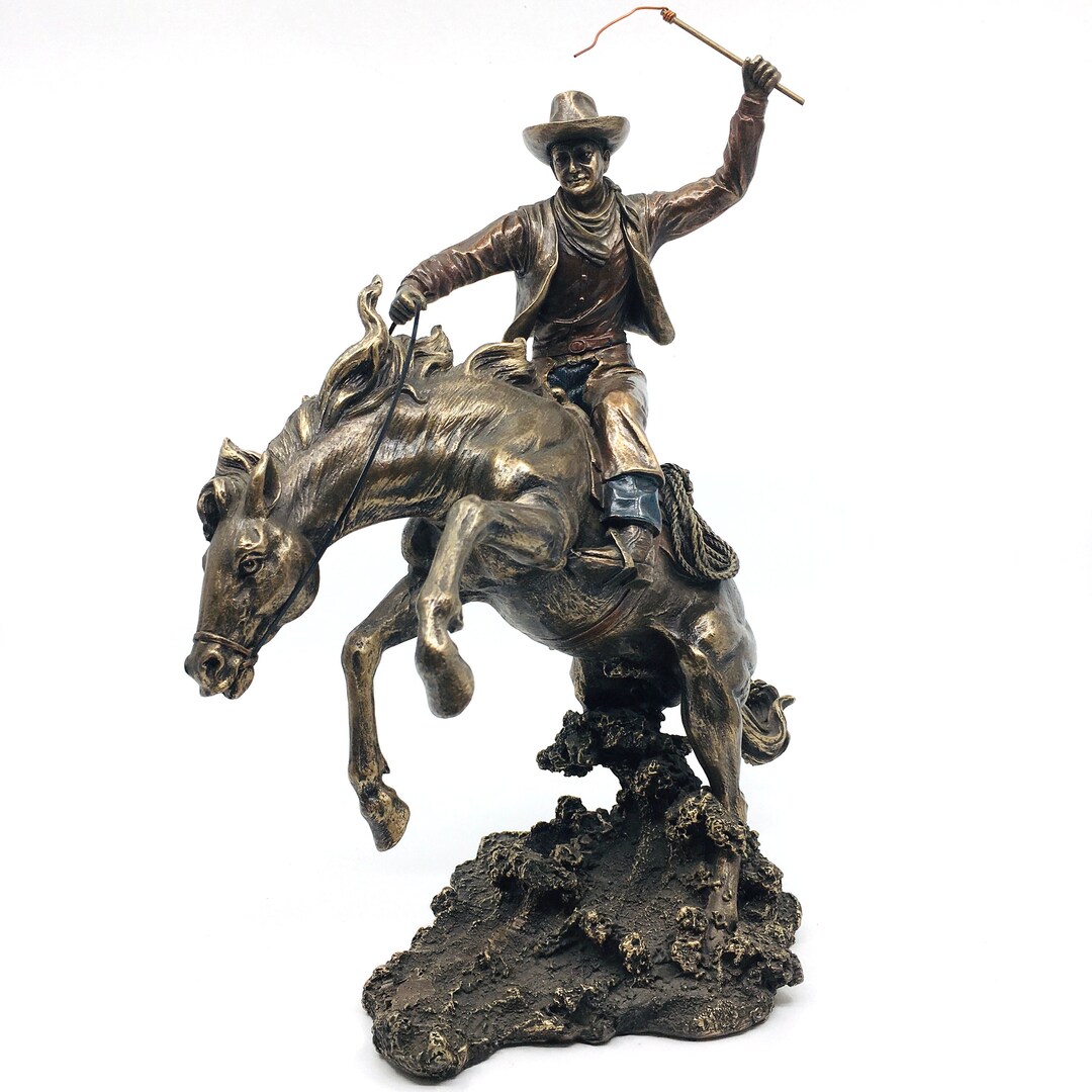 Cowboy Rodeo Statue – Handmade Western Decor, Bronzed Horseback ...