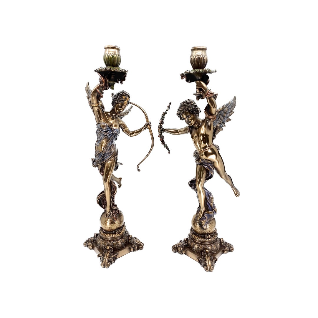Handcrafted Roman Mythology Candle Holders – Diana & Cupid Statues ...