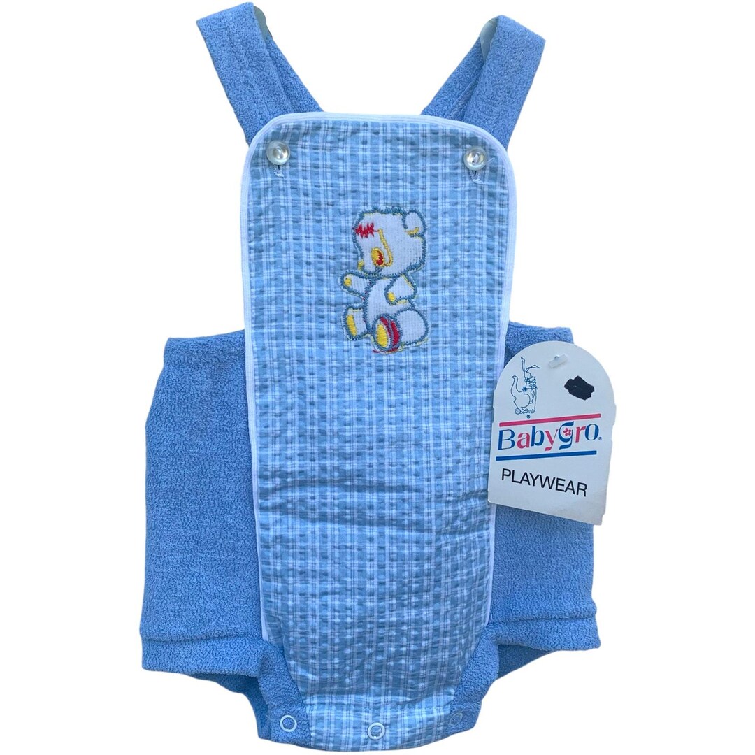 NWT Vintage 70's Deadstock Baby Overalls Blue Plaid Bear Embroidered 6 ...