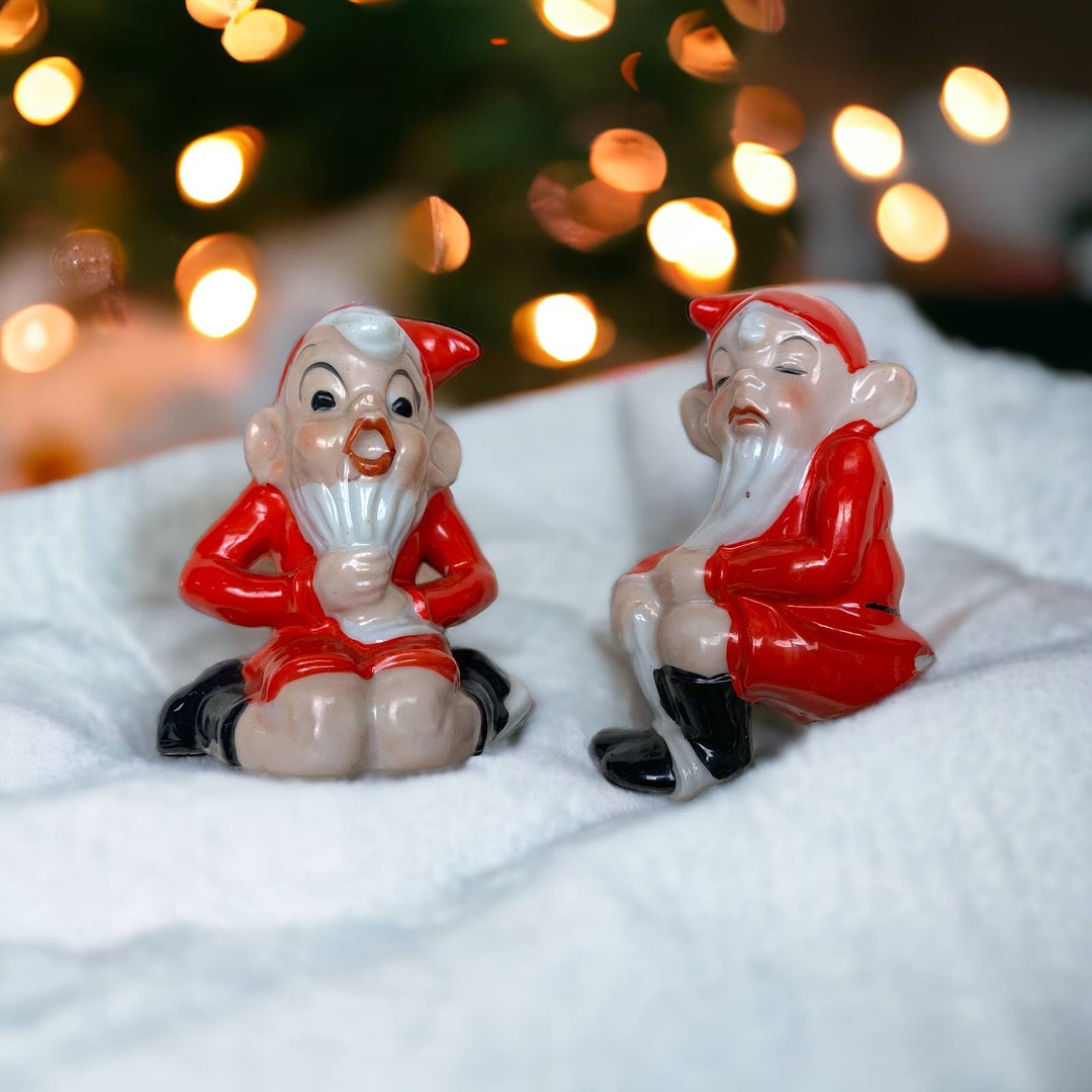 Vintage 50's Christmas Elves Ceramic Pixies Set Two Red Holiday Elf ...
