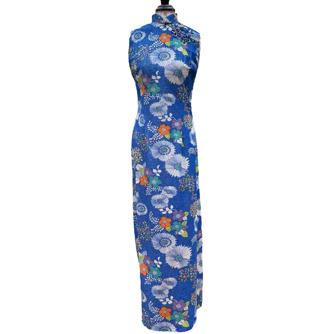 Vintage 70's Cheongsam Qipao Style Maxi Dress Blue White Orange Flower ...