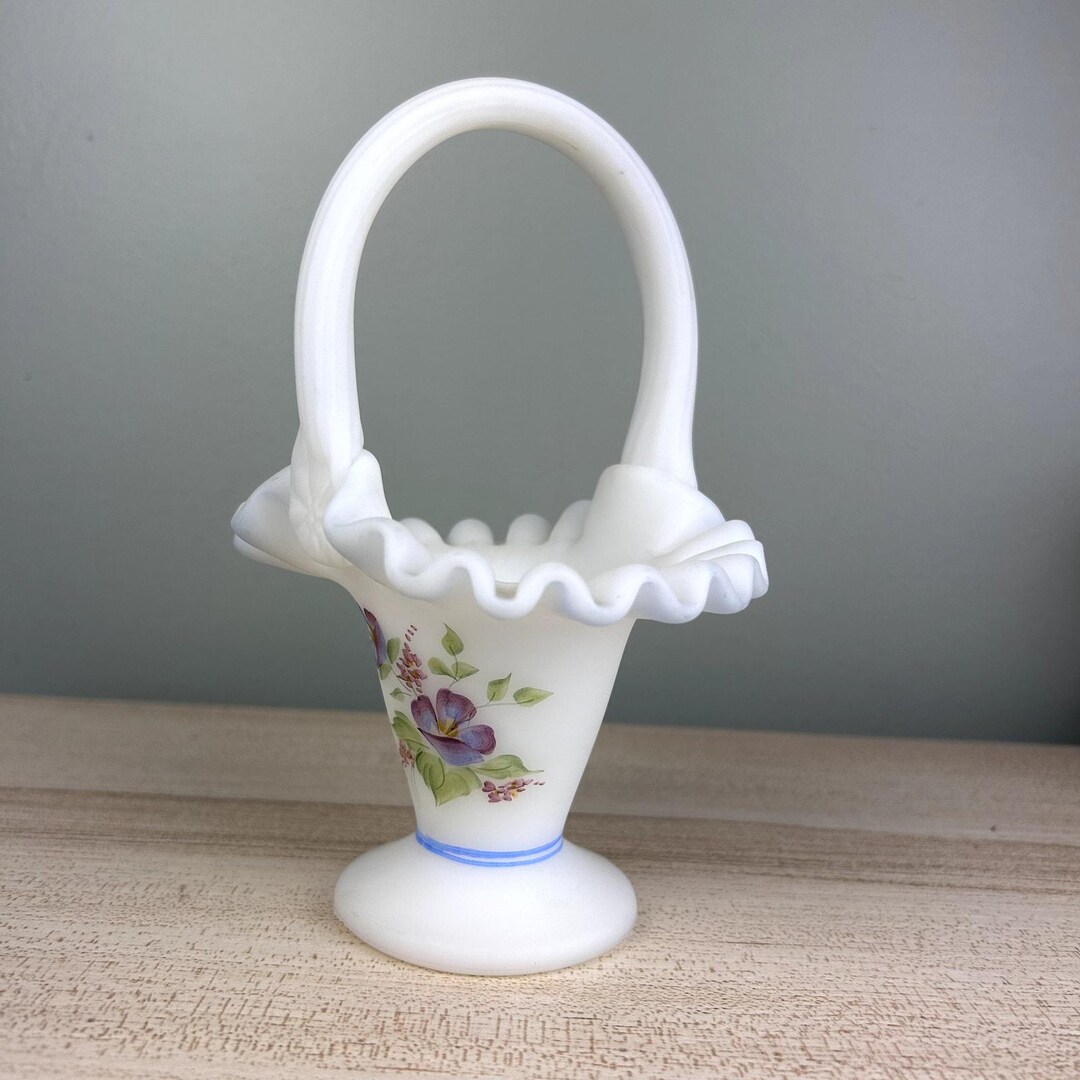 Vintage Fenton White Glass Basket Handpainted Violet Floral 6 ...