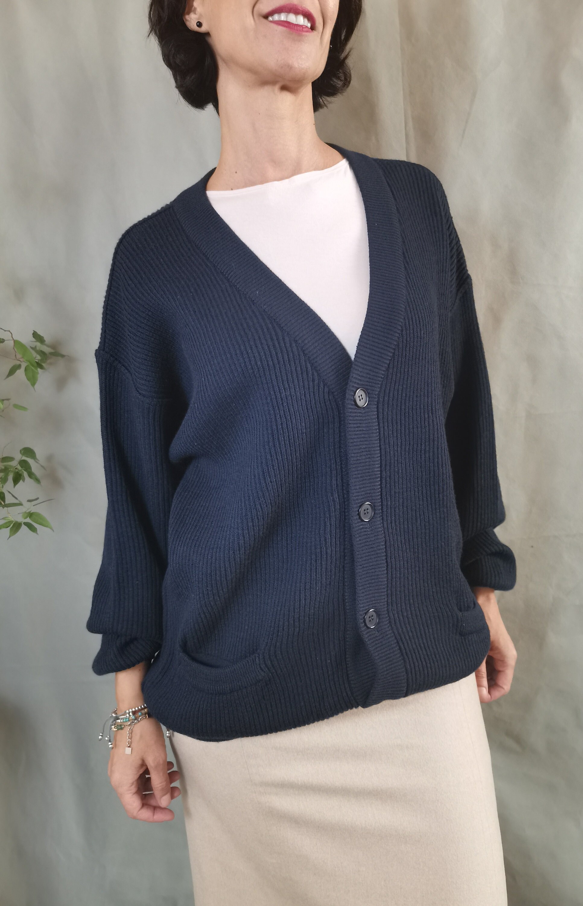 Vintage azul lana suéter marino con pocktes talla L o talla M - Etsy España