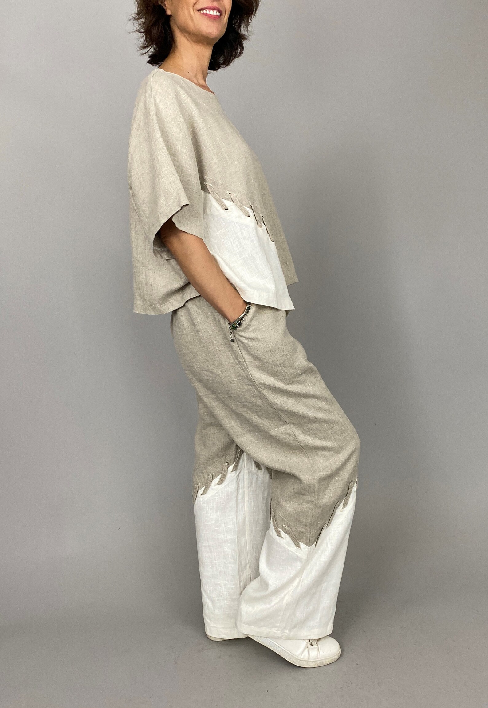 Vintage Beige Linen Matching Set for Women With Pants Size M , Linen ...