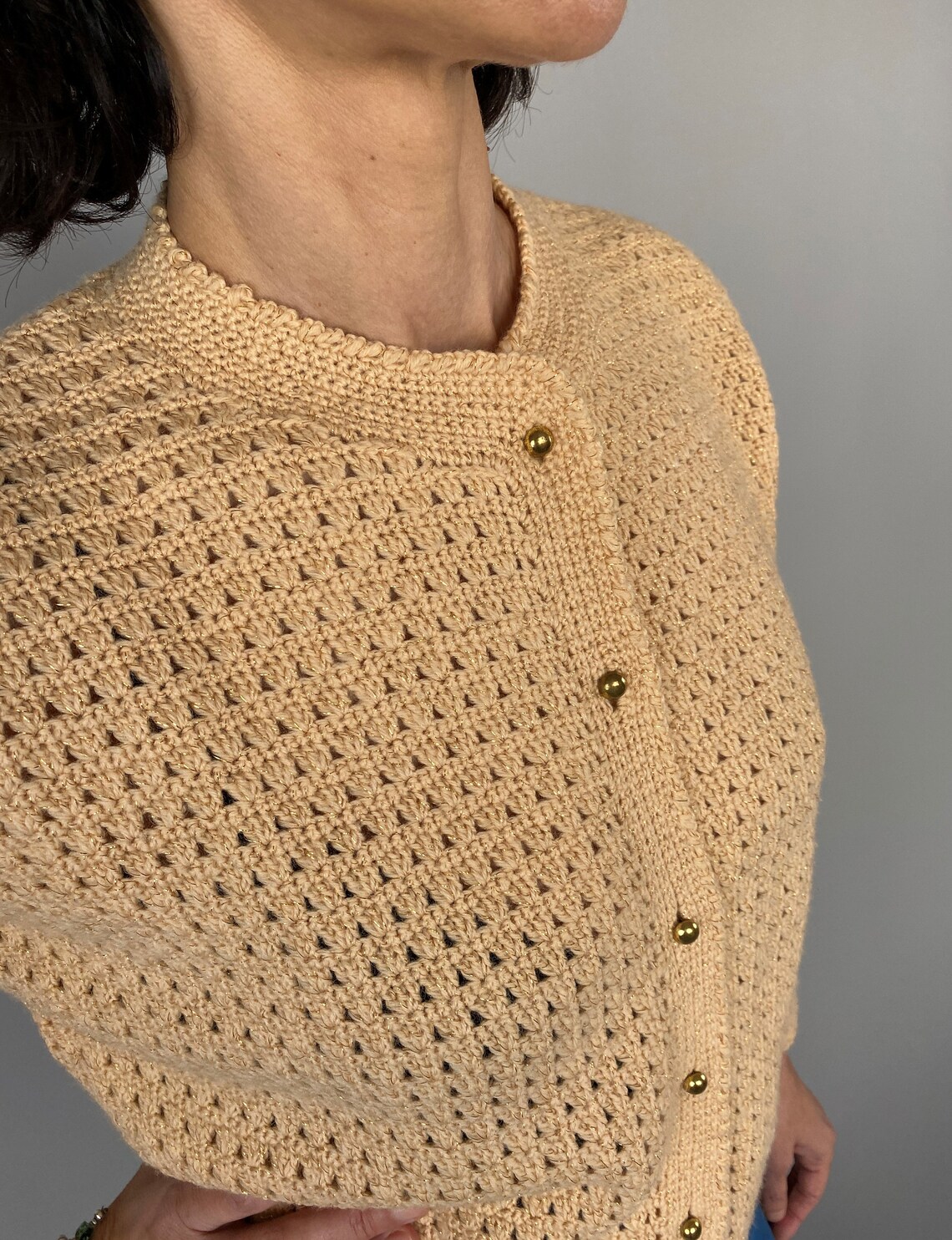 Hand-knitted Peach Cardigan With Golden Metallic Buttons Wool - Etsy