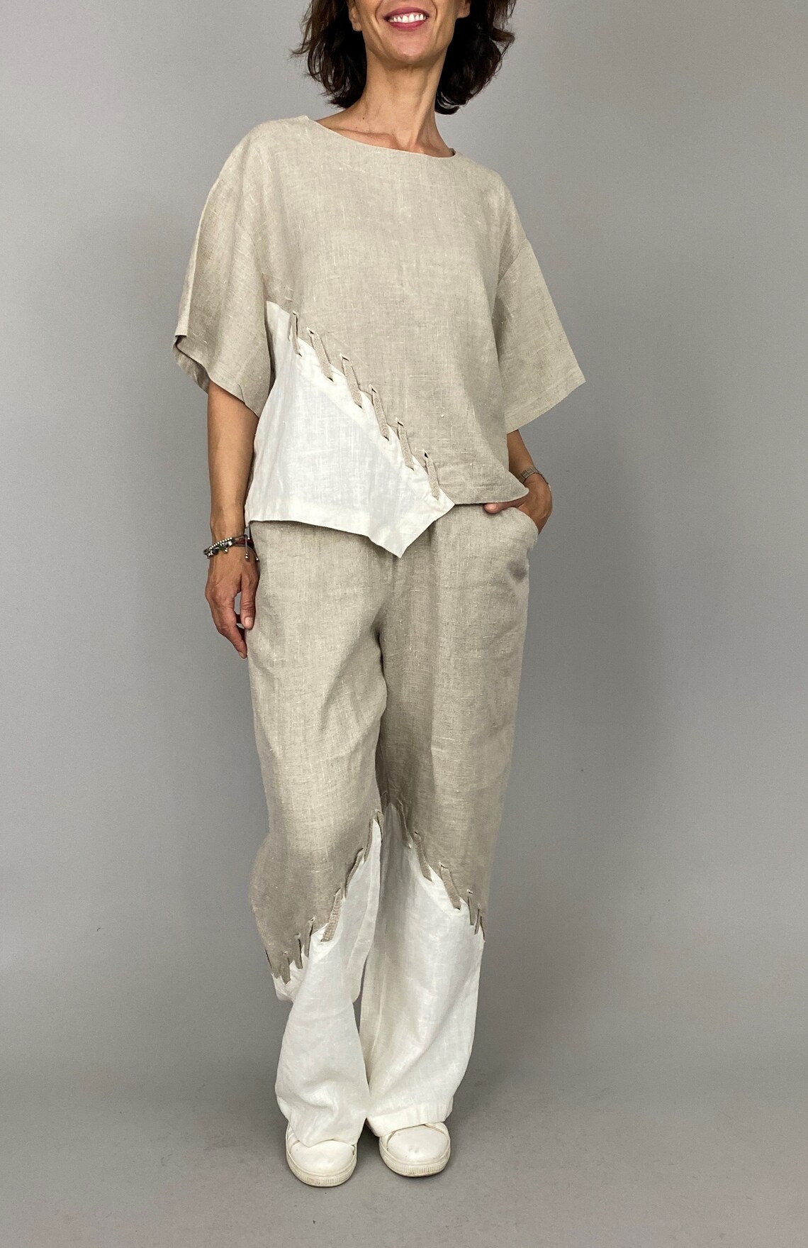 Vintage Beige Linen Matching Set for Women With Pants Size M - Etsy