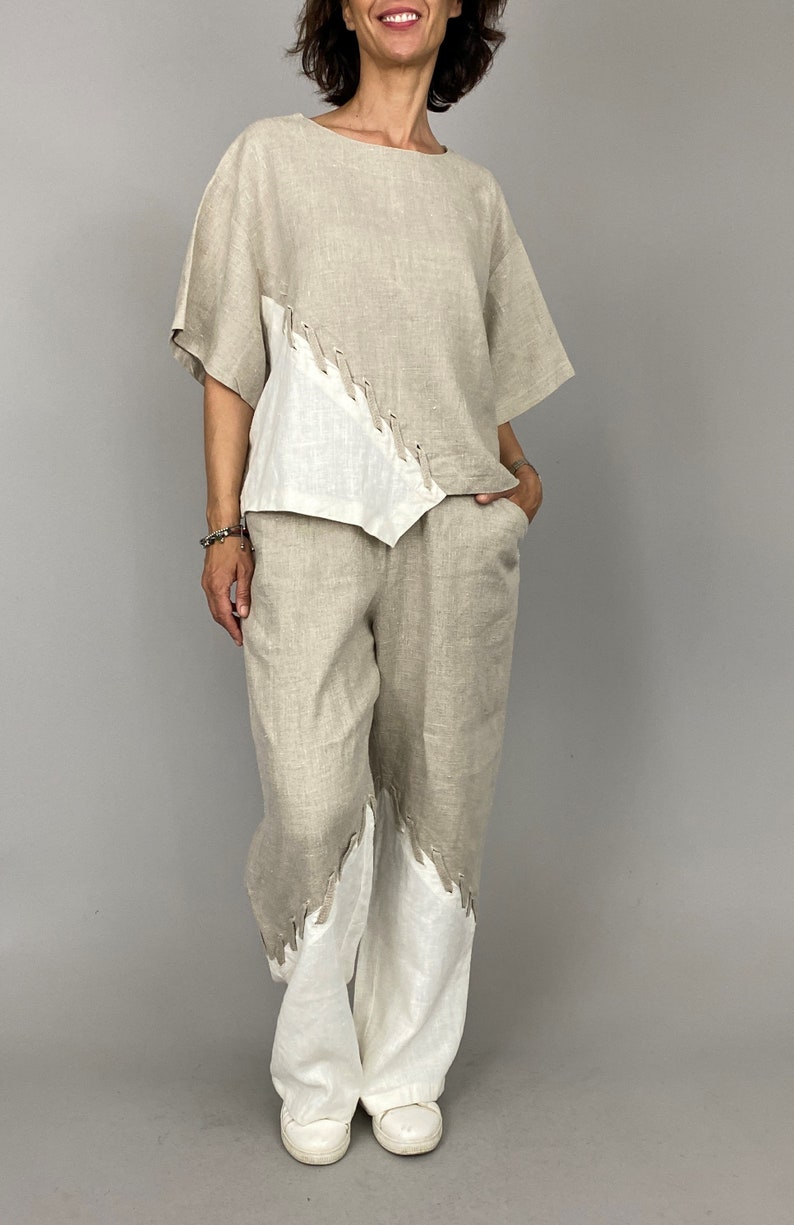 Vintage Beige Linen Matching Set for Women With Pants Size M , Linen ...
