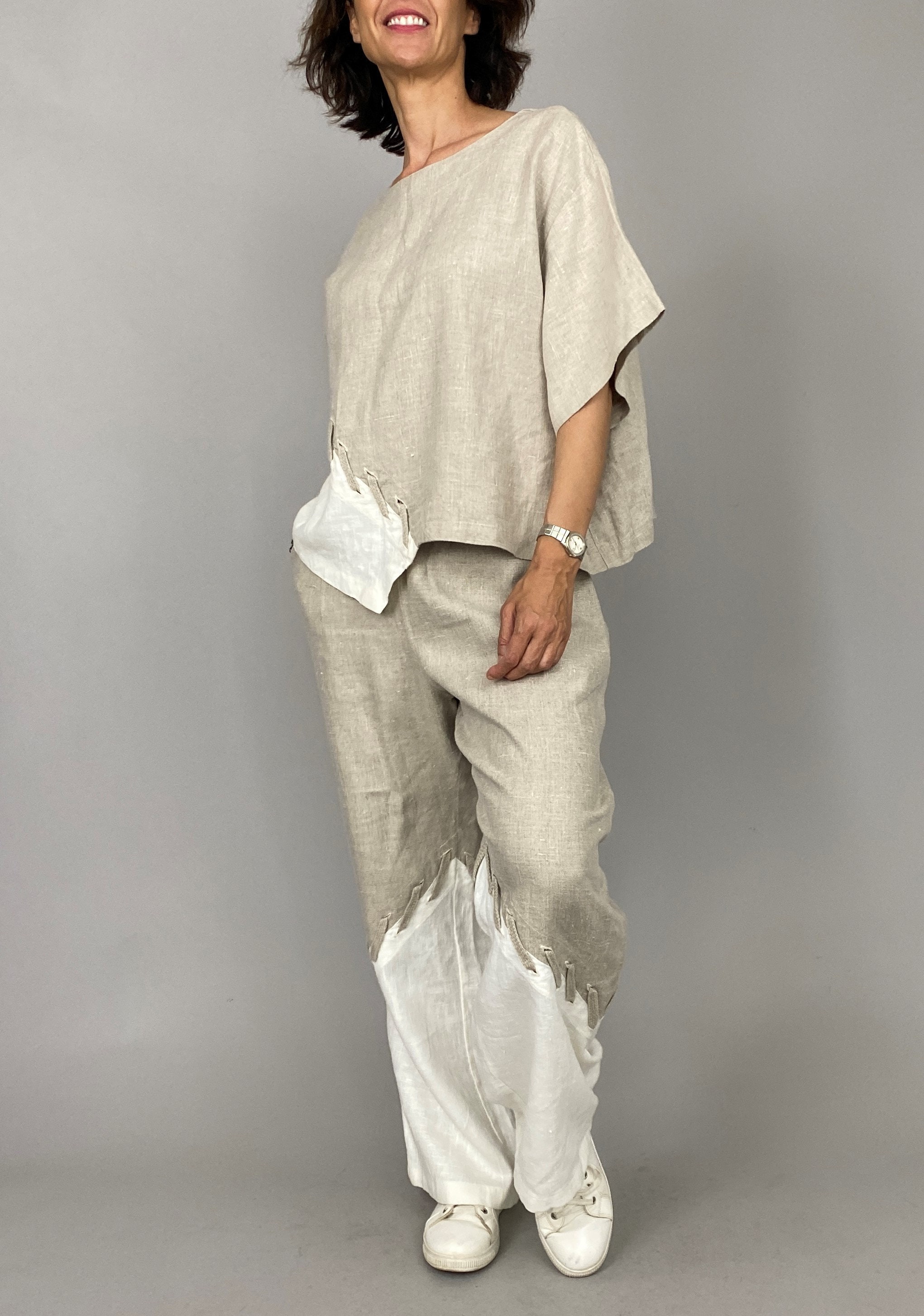 Vintage Beige Linen Matching Set for Women With Pants Size M , Linen ...