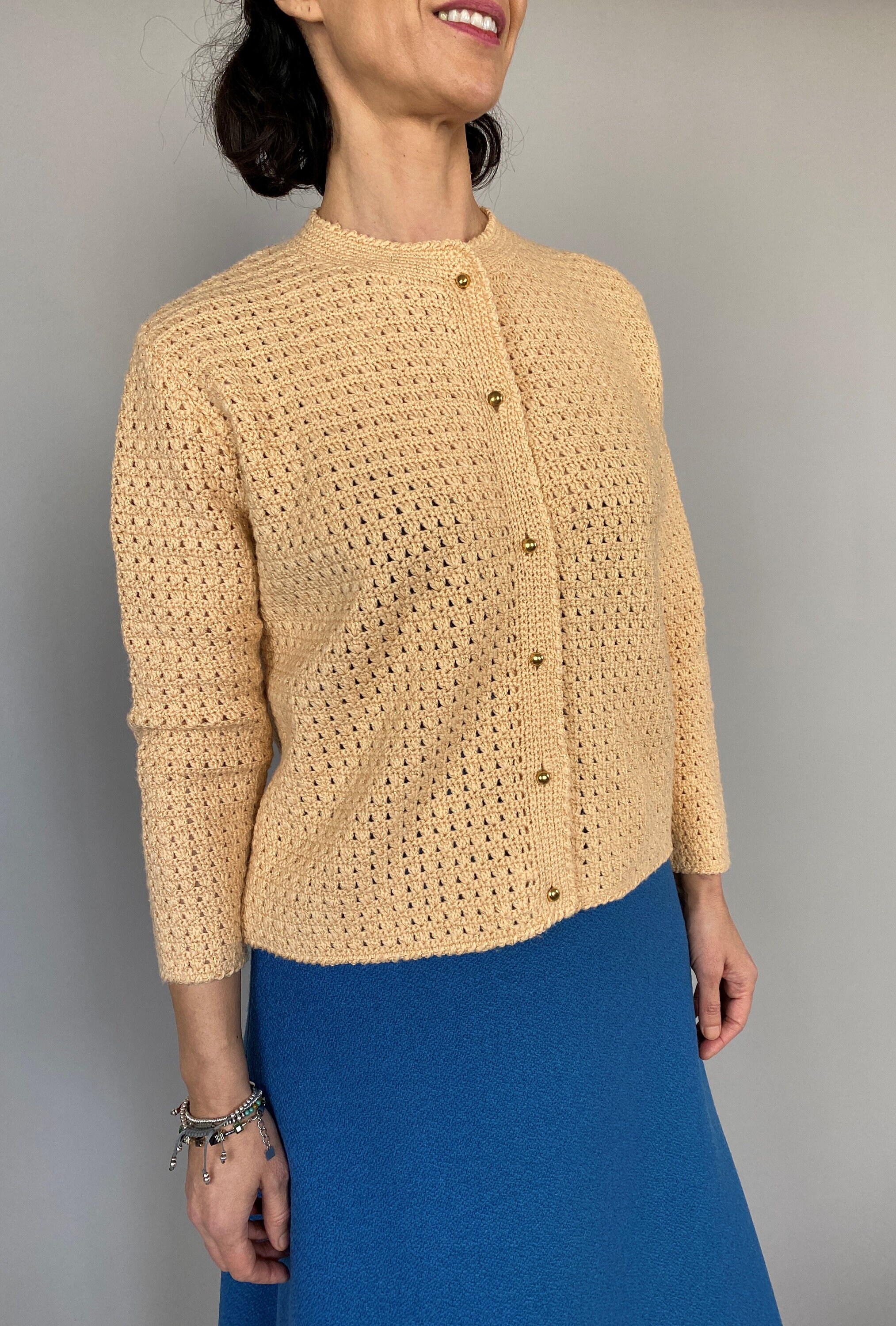 Hand-knitted Peach Cardigan With Golden Metallic Buttons Wool - Etsy