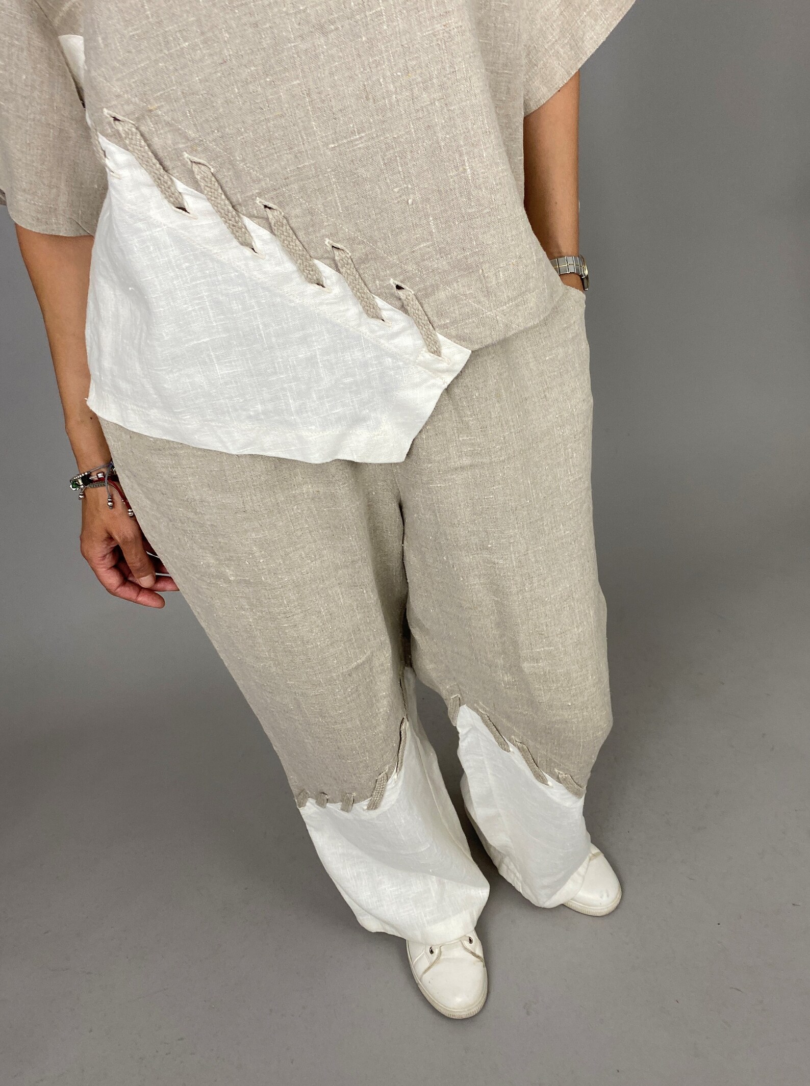 Vintage beige linen matching set for women with pants size M | Etsy