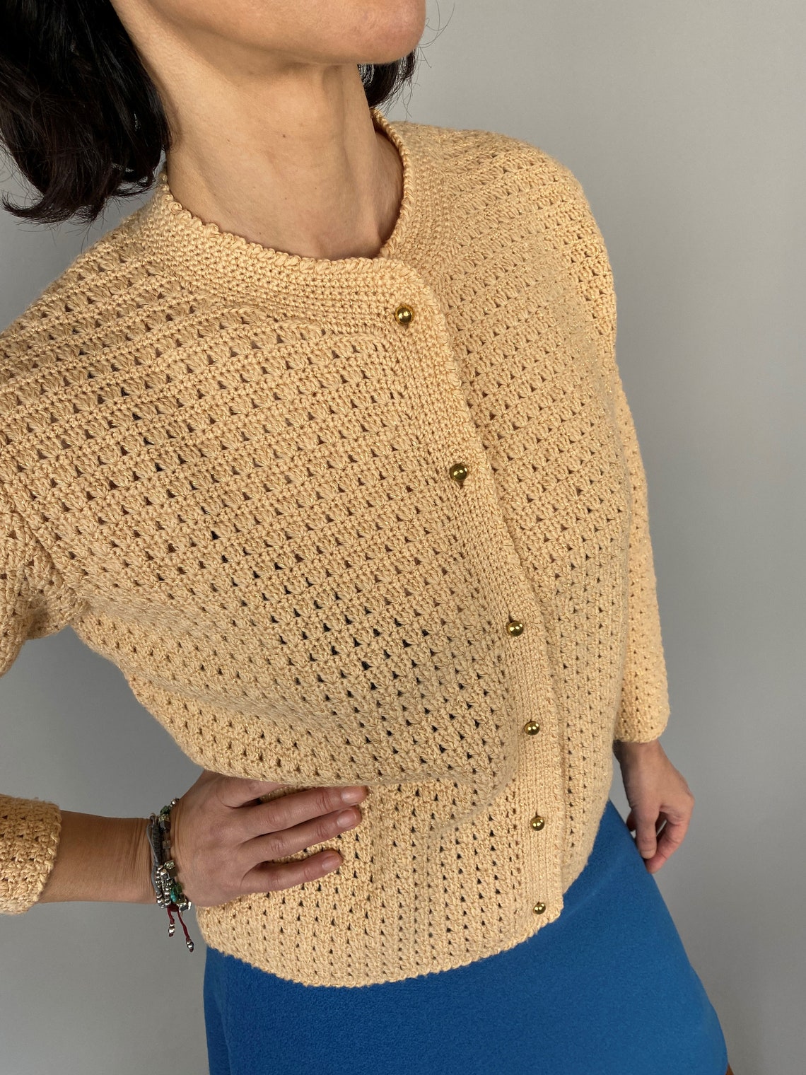 Hand-knitted Peach Cardigan With Golden Metallic Buttons Wool - Etsy