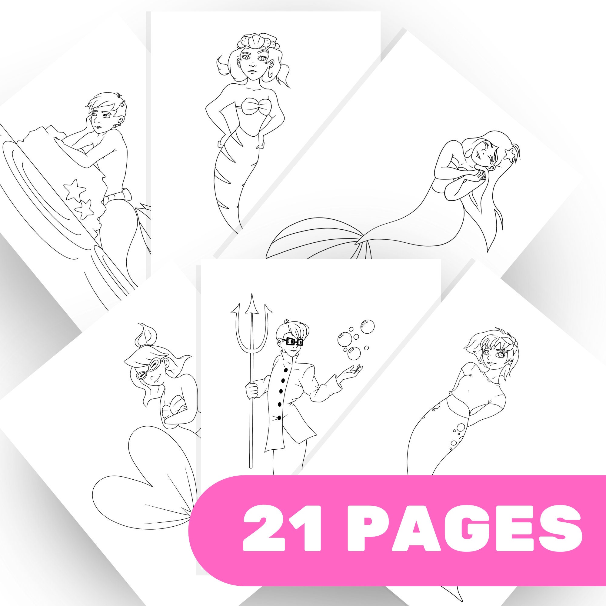 Mermaid & Merman Coloring Pages for Kids, Tweens, and Teens INSTANT ...