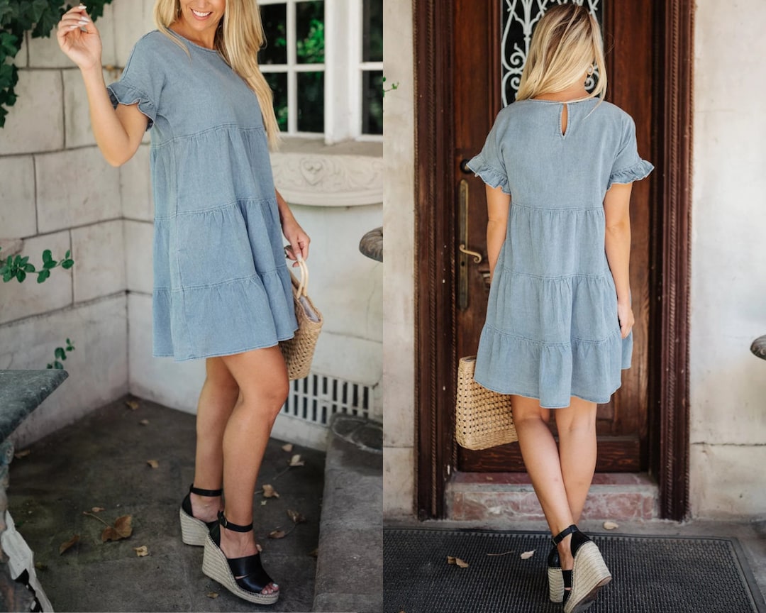 Tiered Denim Mini Dress Short Summer Dresses Bohemian Denim Shirt Dress ...