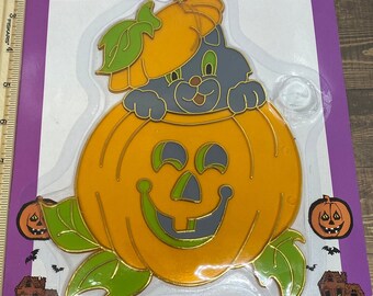 Black Cat Pumpkin Suncatcher/jack O' Lantern Cat Suncatcher, Vintage ...