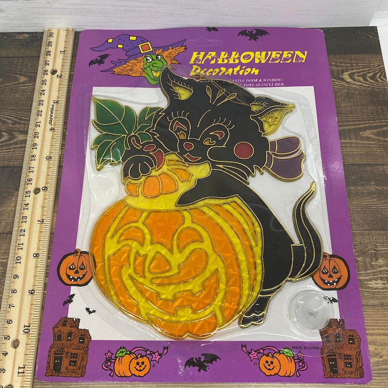 Black Cat Pumpkin Suncatcher/jack O' Lantern Cat Suncatcher, Vintage ...