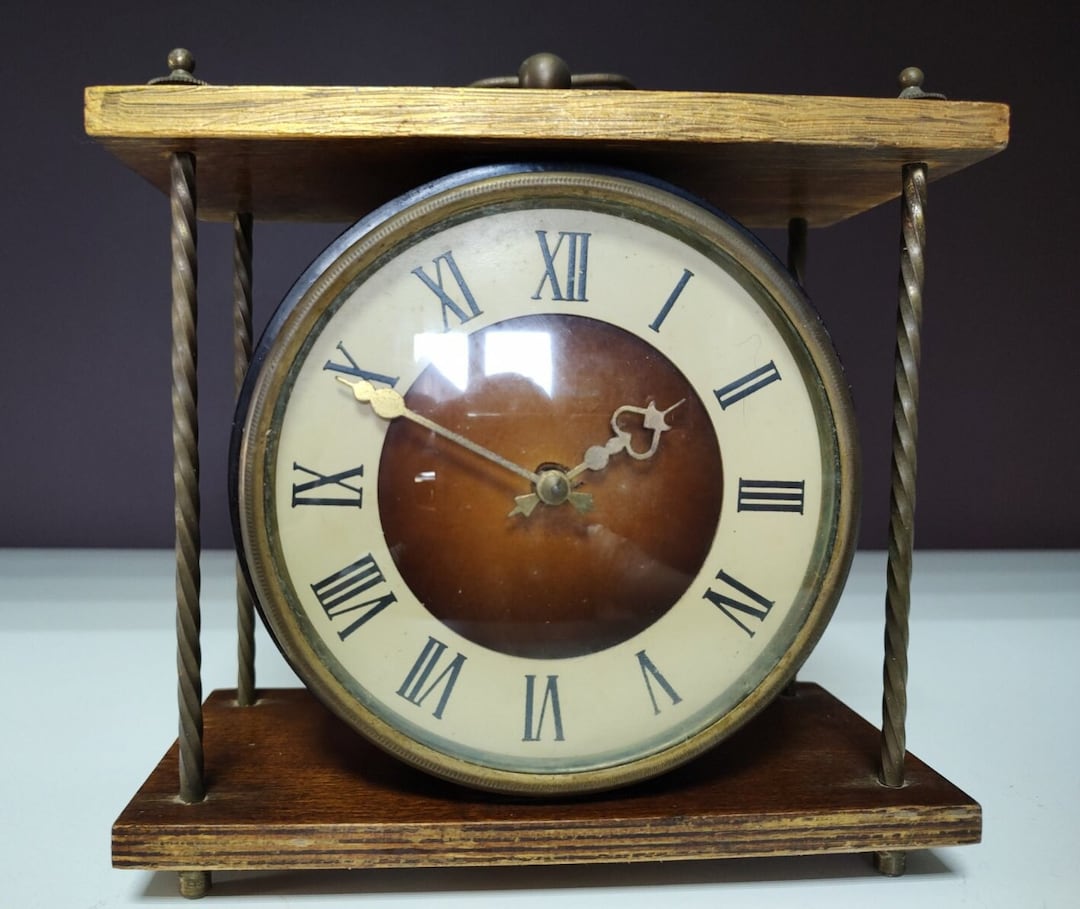 Desktop Square Clock Spring. Old Clock in a Wooden Case, Mechanical ...