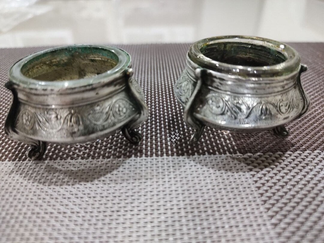 A Pair of Antique Glass Open Salt Pots With a Magnificent Cupronickel ...
