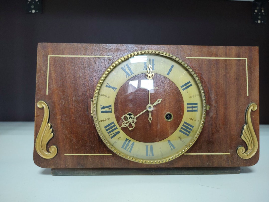 Vintage Rectangular Table Clock in a Wooden Case. Quartz Watch Amber ...