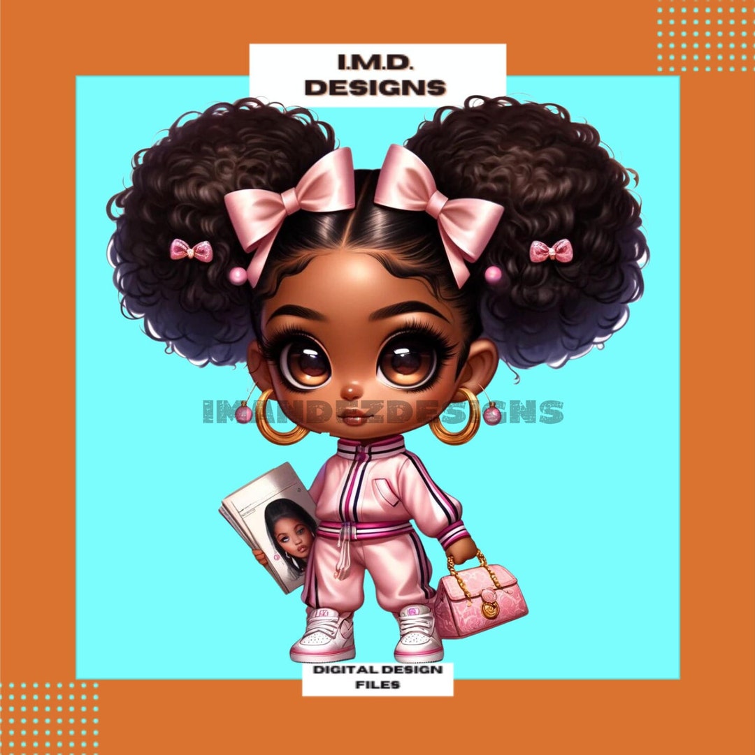 Pink African Chibi Girl Clipart: Printable Stickers (PNG Digital ...