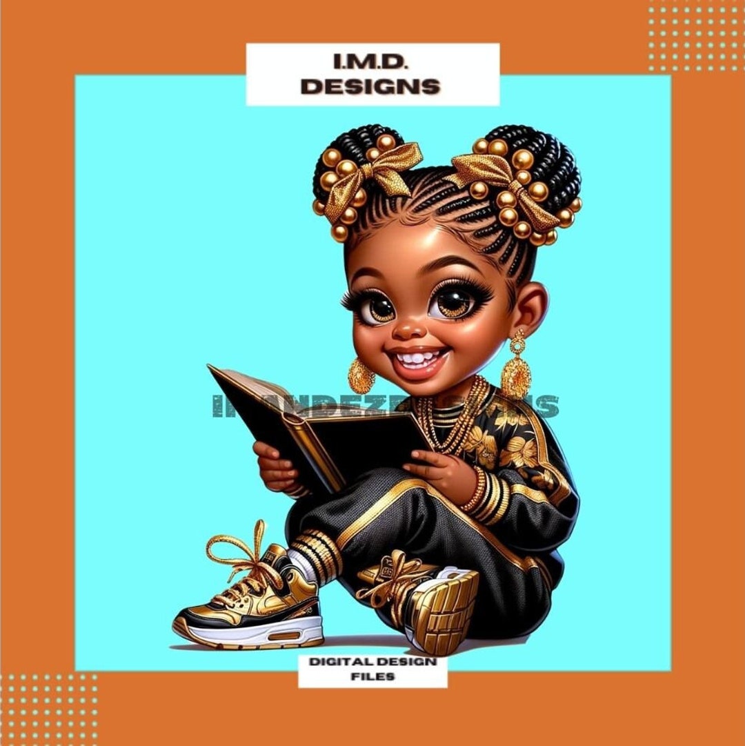 Little Girl Reading Png, Digital Chibi Download, Afro Chibi Kids ...
