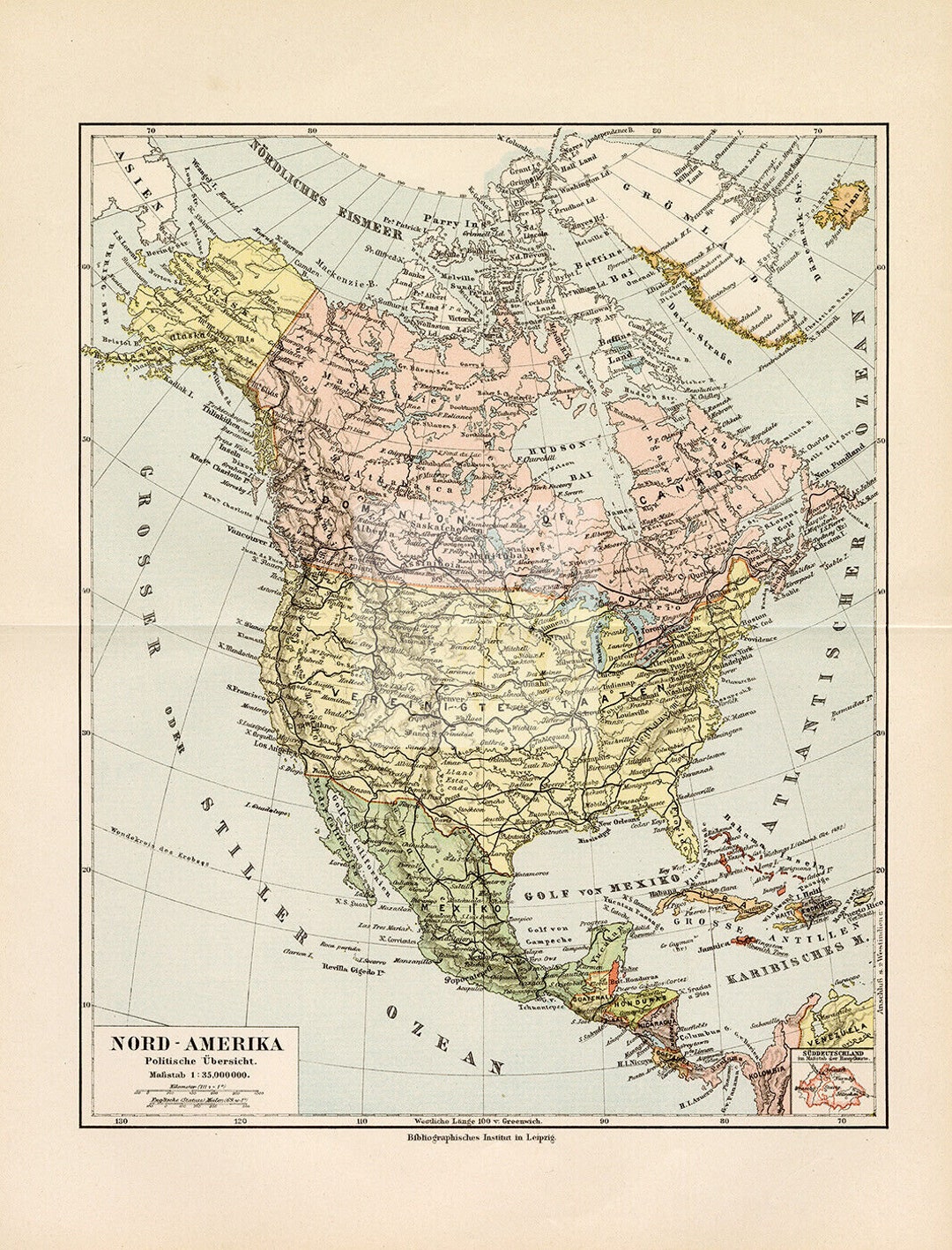 ANTIQUE Print 1877 Map of North America Vintage German - Etsy