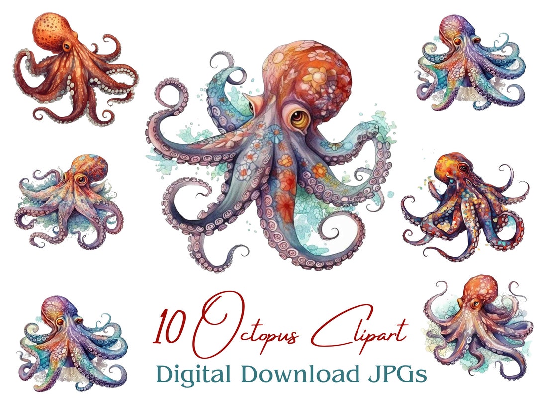 Octopus Watercolor Clipart, Octopus Clipart PNG, Printable Digital ...