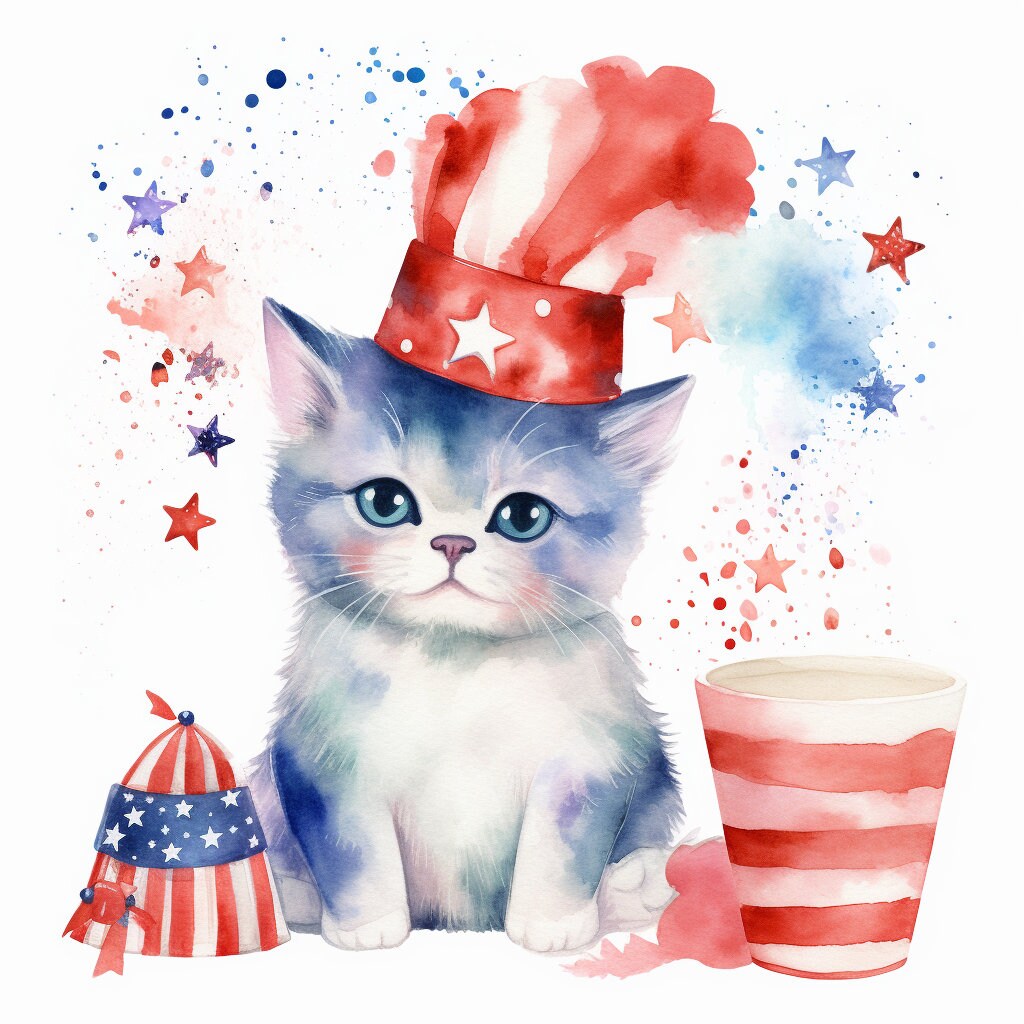 4th July Watercolor Cute Cats Clipart Independence Day Cute - Etsy