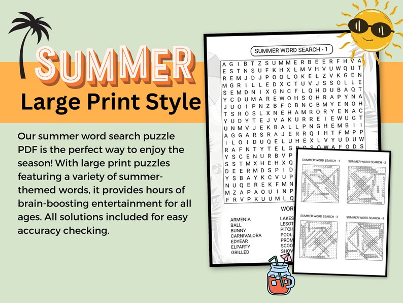 Summer Word Search Puzzle 100 Printable Puzzle Pages for Kids - Etsy