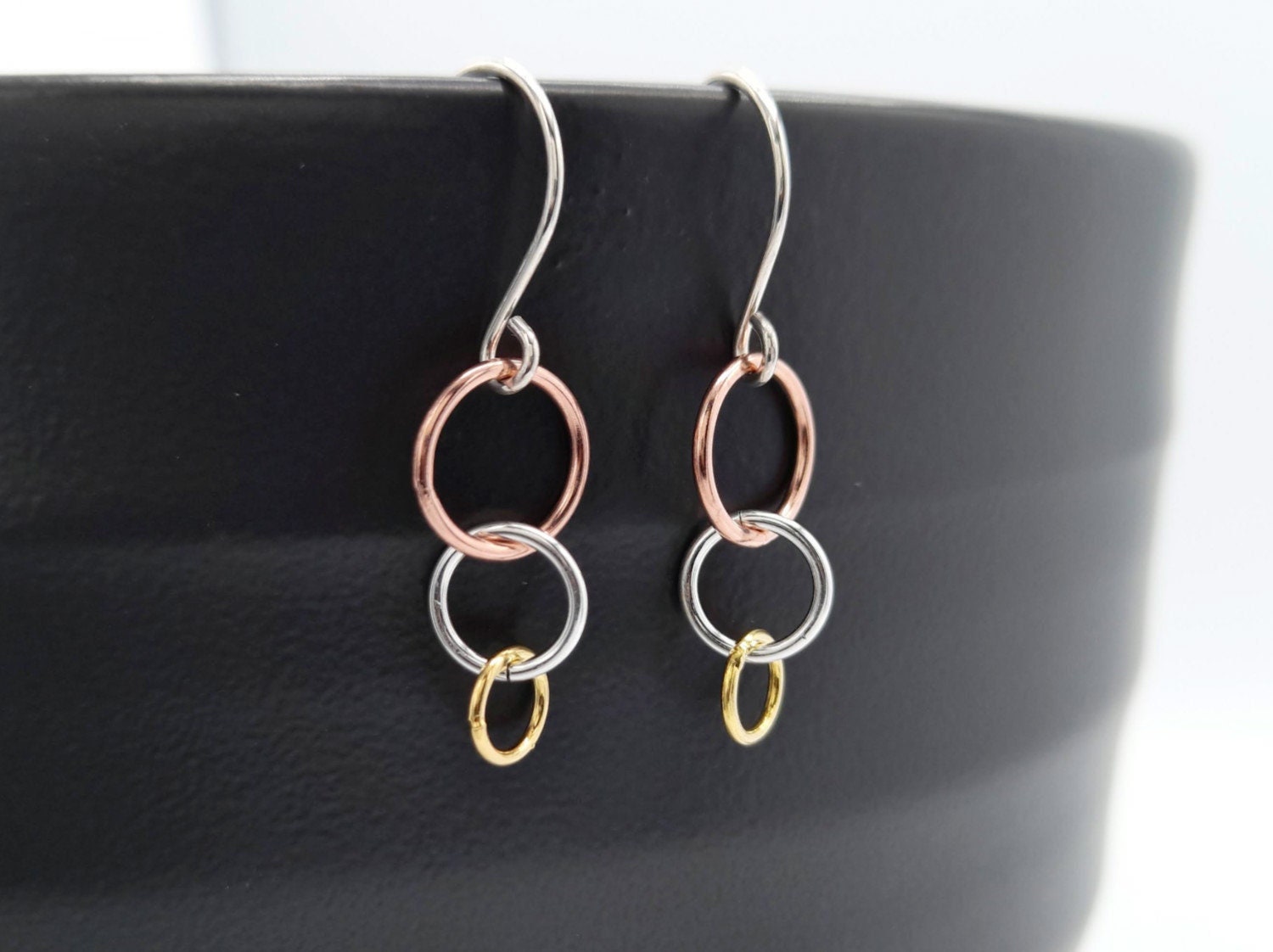 Tri Colour Earrings, Mixed Metal Silver, Yellow & Rose Gold Triple ...