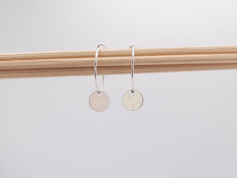 Disc Charm Hoops, Dainty Sterling Silver Disc Hoop Earrings, 15mm Hoops ...