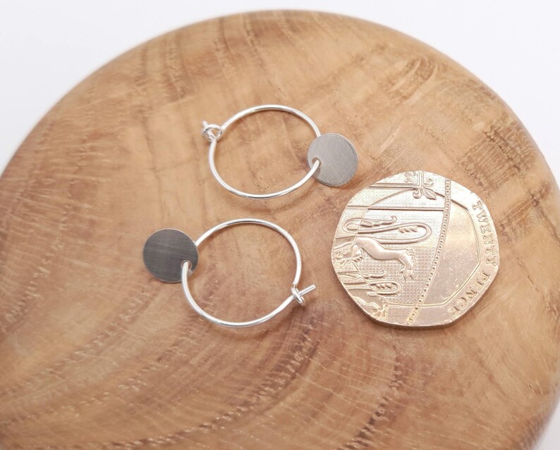 Disc Charm Hoops, Dainty Sterling Silver Disc Hoop Earrings, Brushed ...