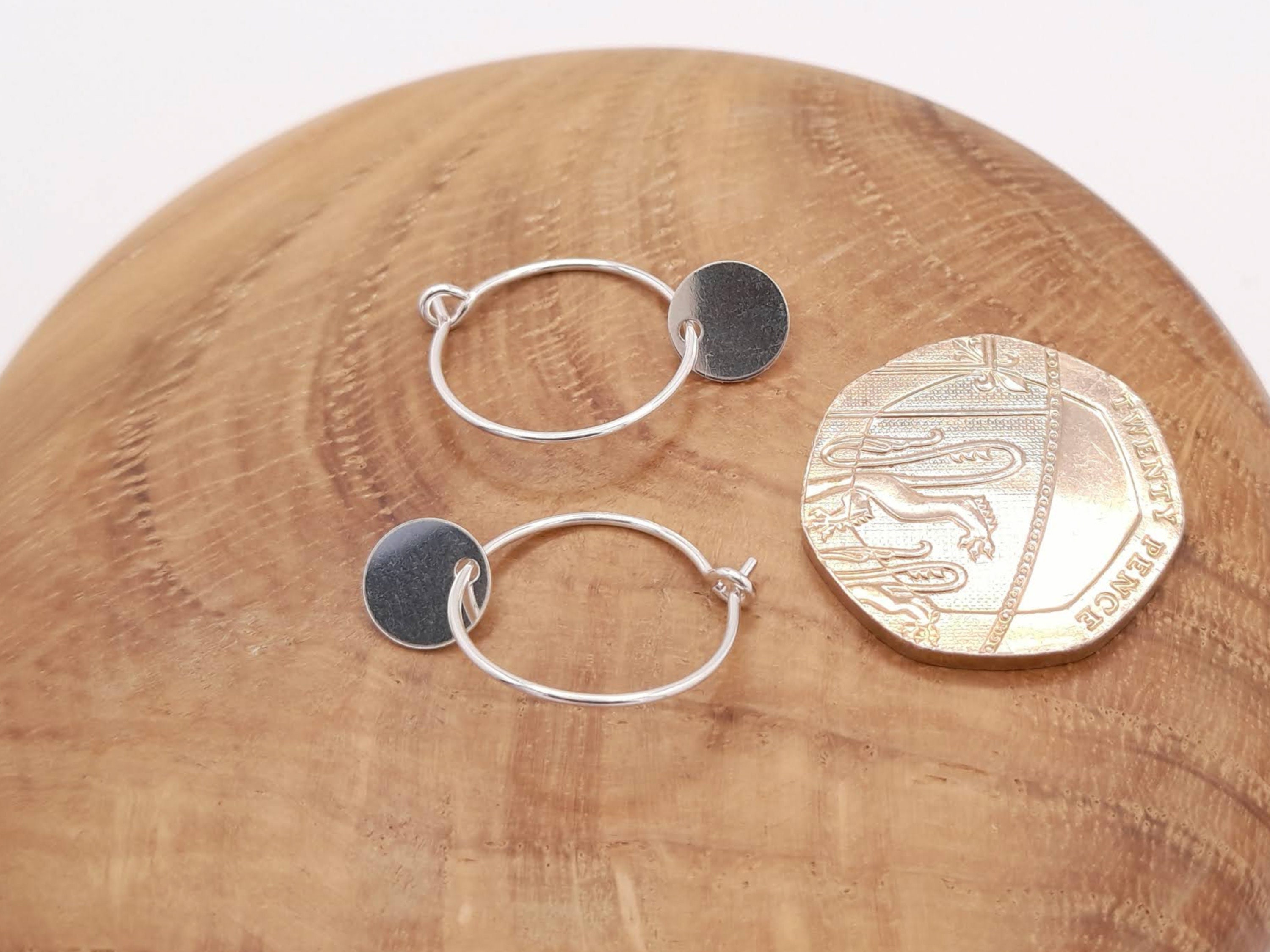 Disc Charm Hoops, Dainty Sterling Silver Disc Hoop Earrings, 15mm Hoops ...