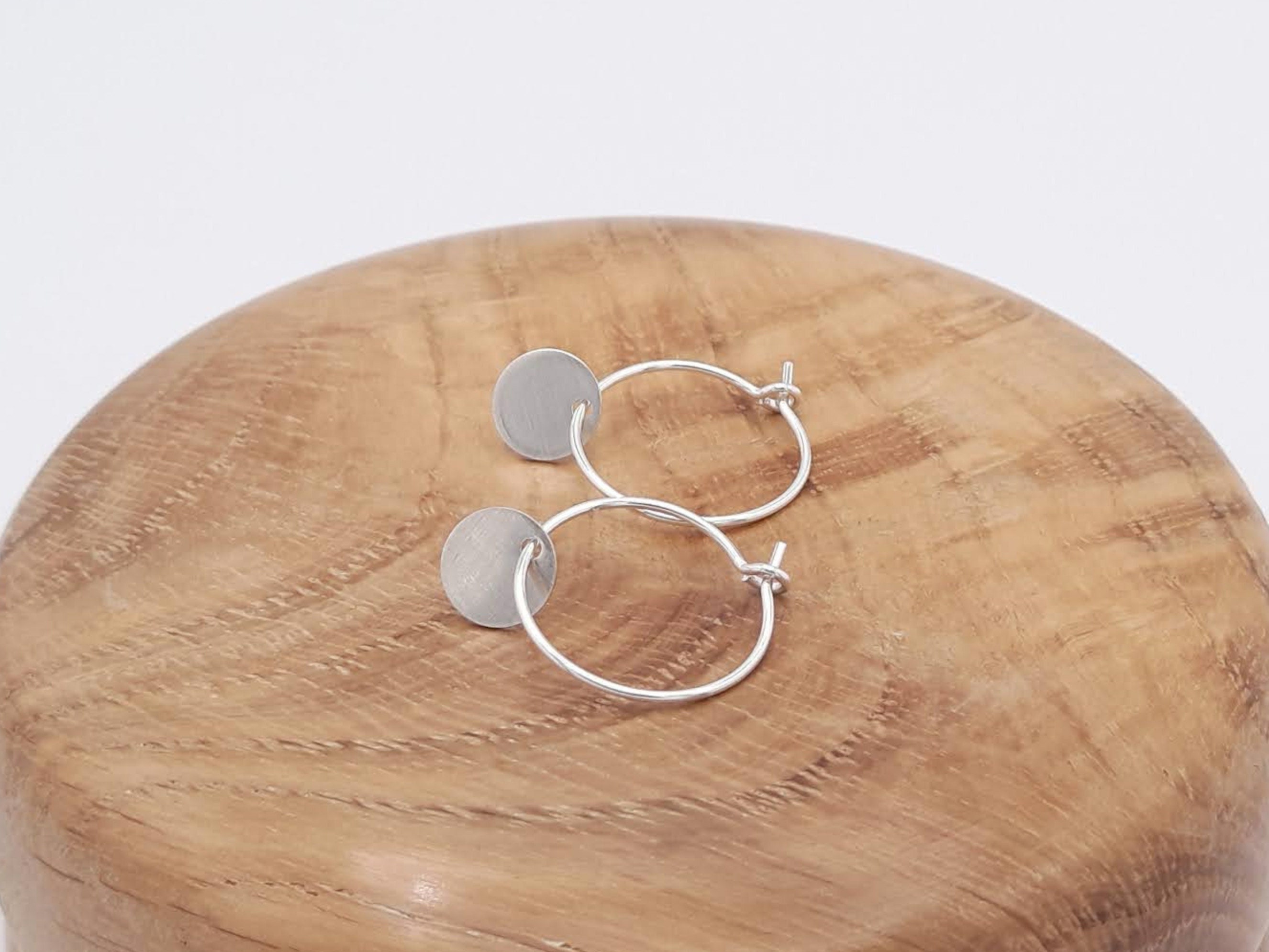 Disc Charm Hoops, Dainty Sterling Silver Disc Hoop Earrings, Brushed ...