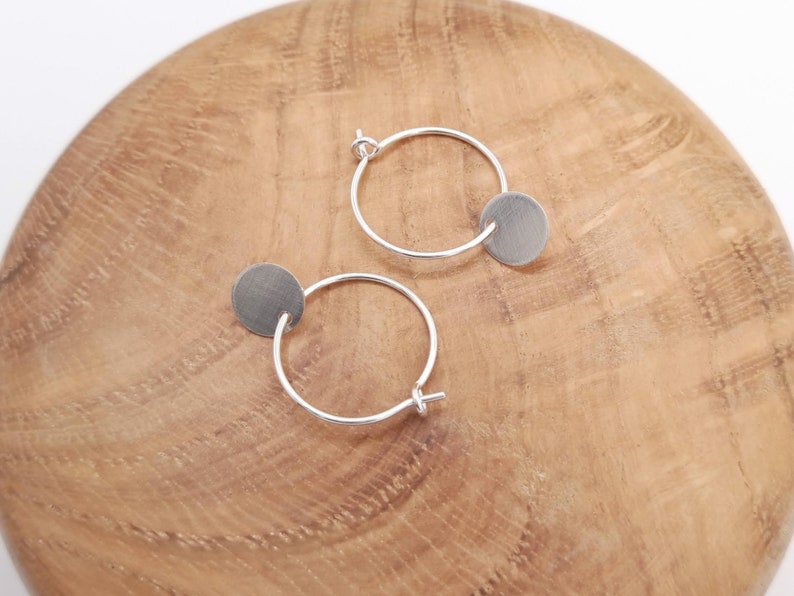 Disc Charm Hoops, Dainty Sterling Silver Disc Hoop Earrings, Brushed ...