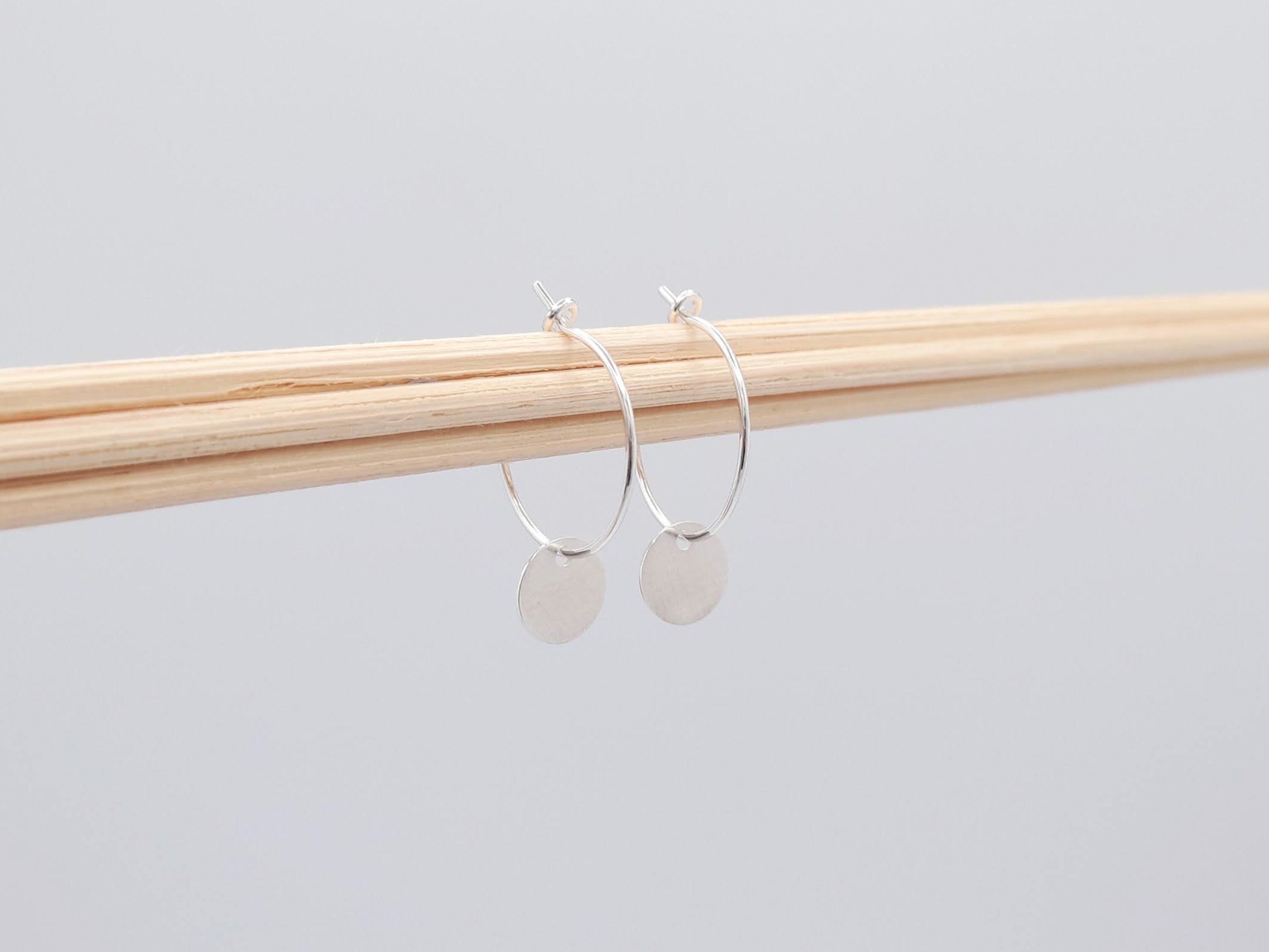 Disc Charm Hoops, Dainty Sterling Silver Disc Hoop Earrings, Brushed ...