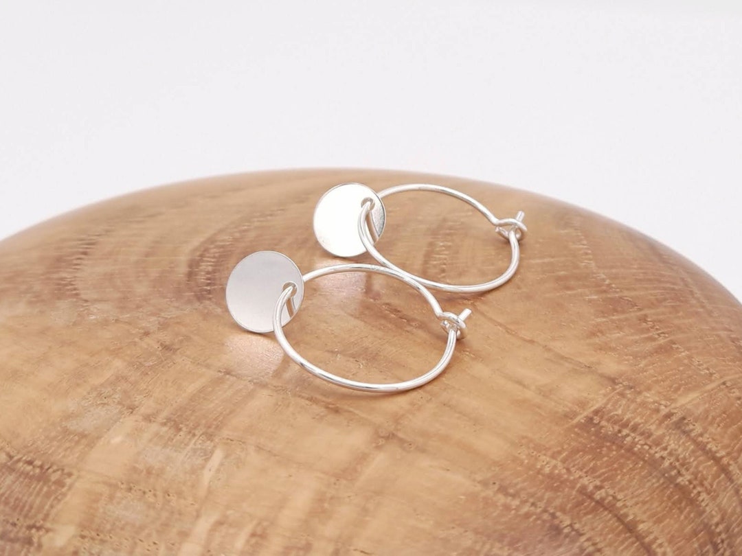 Disc Charm Hoops, Dainty Sterling Silver Disc Hoop Earrings, 15mm Hoops ...