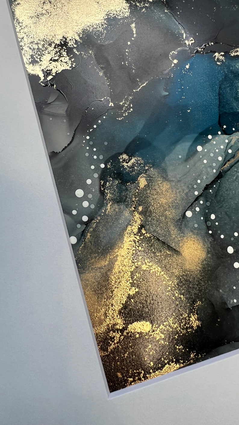 Original Ocean Abstract Alcohol Ink Painting, With Blue, Black, Brass ...