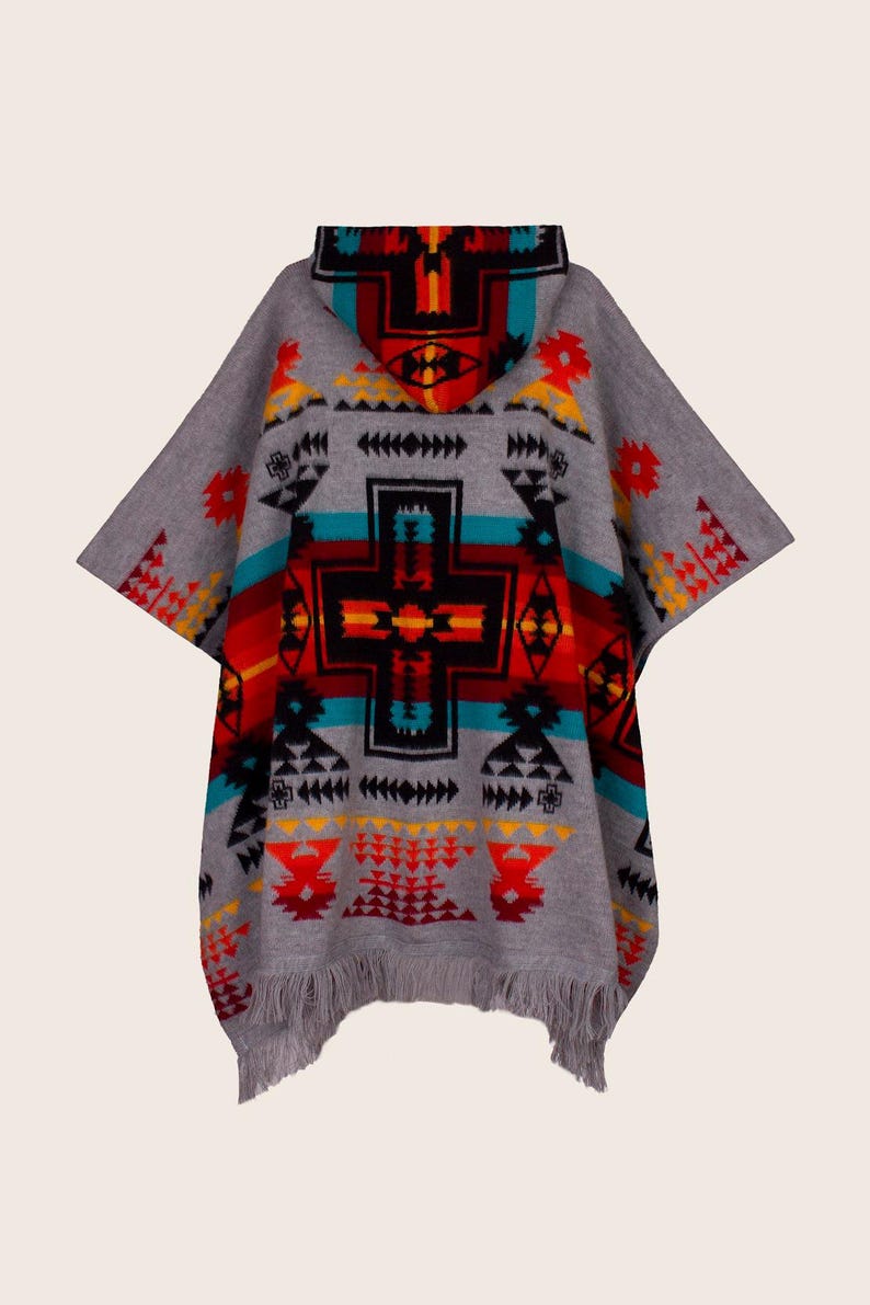 Wool Blend Boho Poncho: Chief Joseph Cross Design, Fringe Trim - Etsy