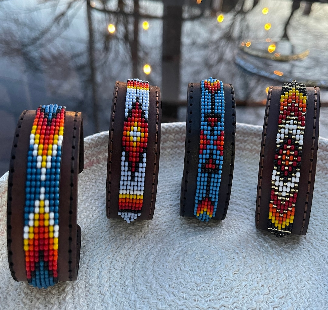 Indigenous Beaded Leather Bracelet, Handmade Beaded Leather Cuff ...