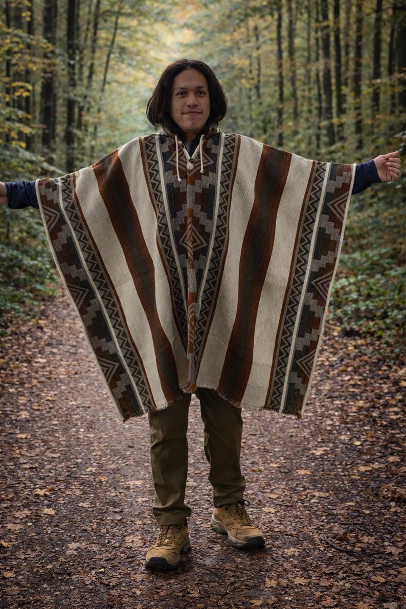 Indigenous Made Southwest Tribal Poncho Cape With Hood – 100% Llama ...