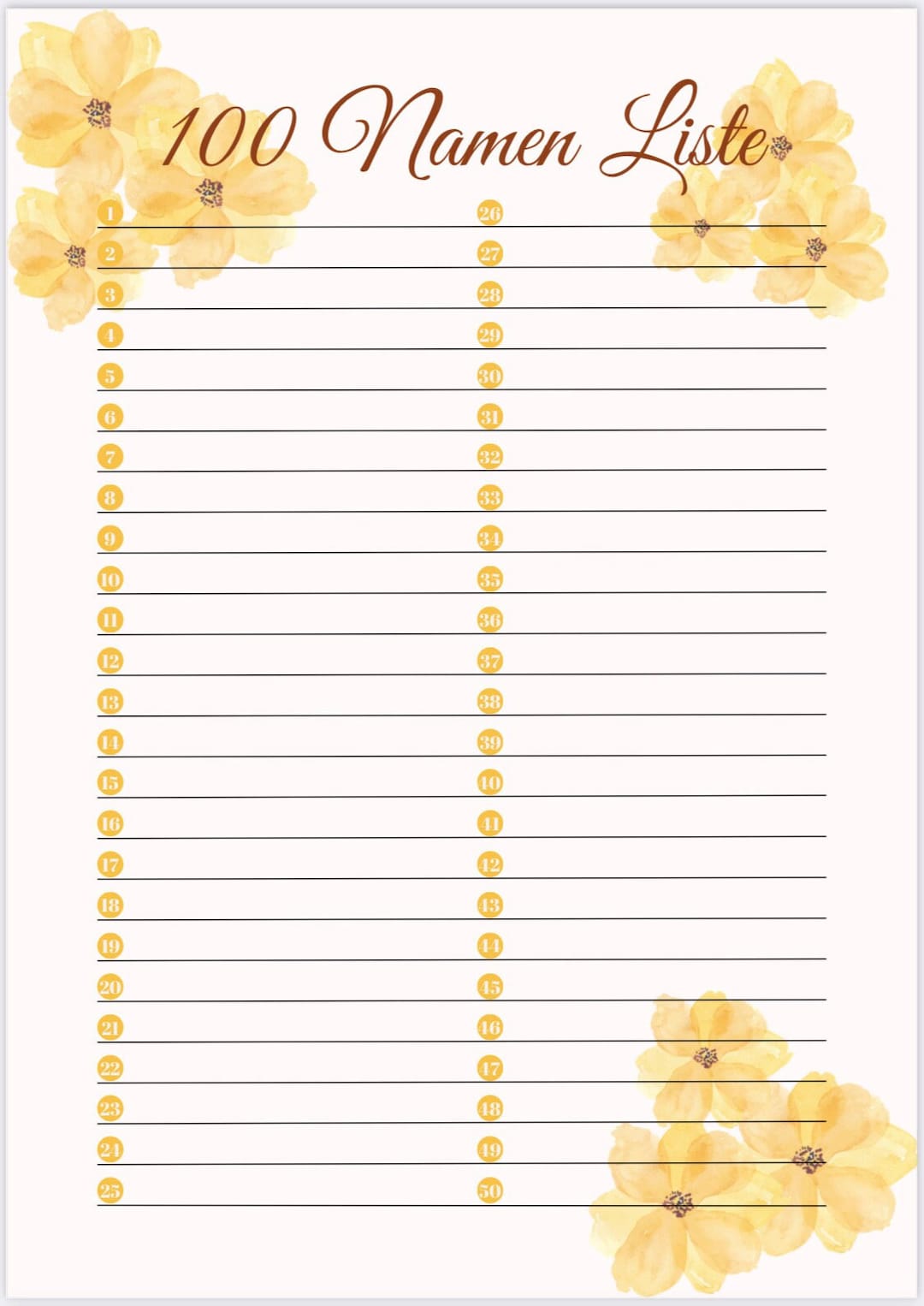 100 Names List Yellow - Etsy