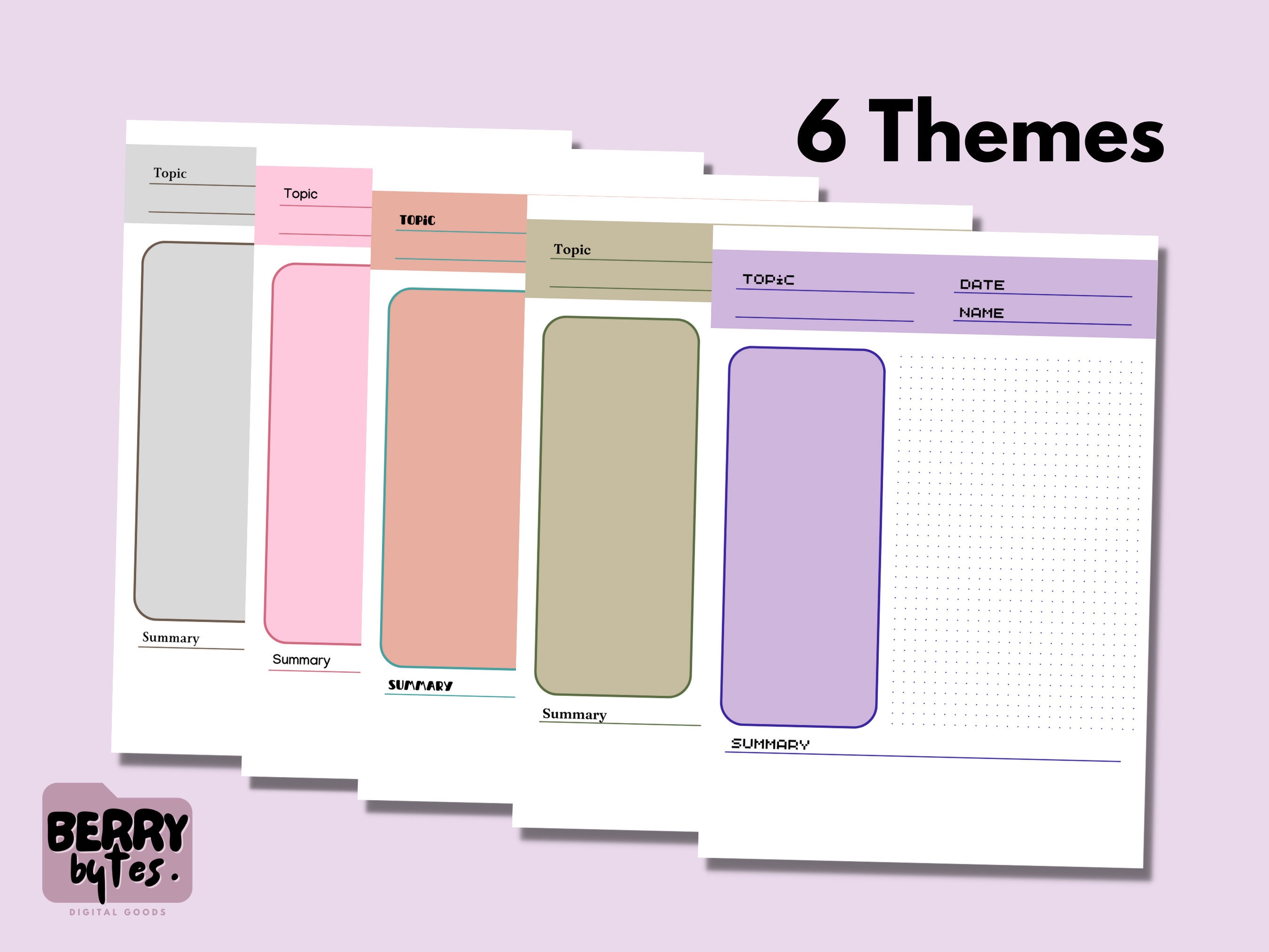 Printable Cornell Notes Template Digital Planner Paper | 6 Themes and ...