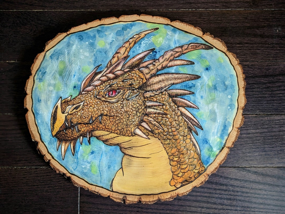 Woodburned Dragon on Basewood, Hand Drawn Live Edge Pyrography, Fantasy ...